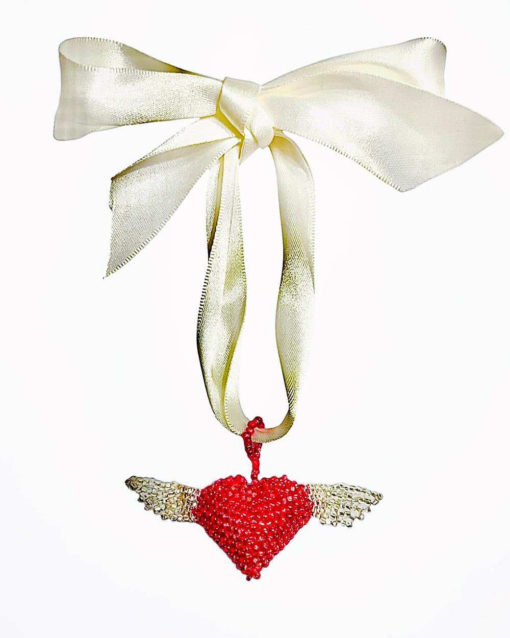 Handmade Red Heart with Wings Beaded Ornament - Kiki Wonder